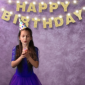 Happy Birthday Letters Banner Gold Happy Birthday Garland Decoration and 9.8 Feet Copper Wire Lights Birthday Banner Lights String for Birthday Party Decor Home Office Decor