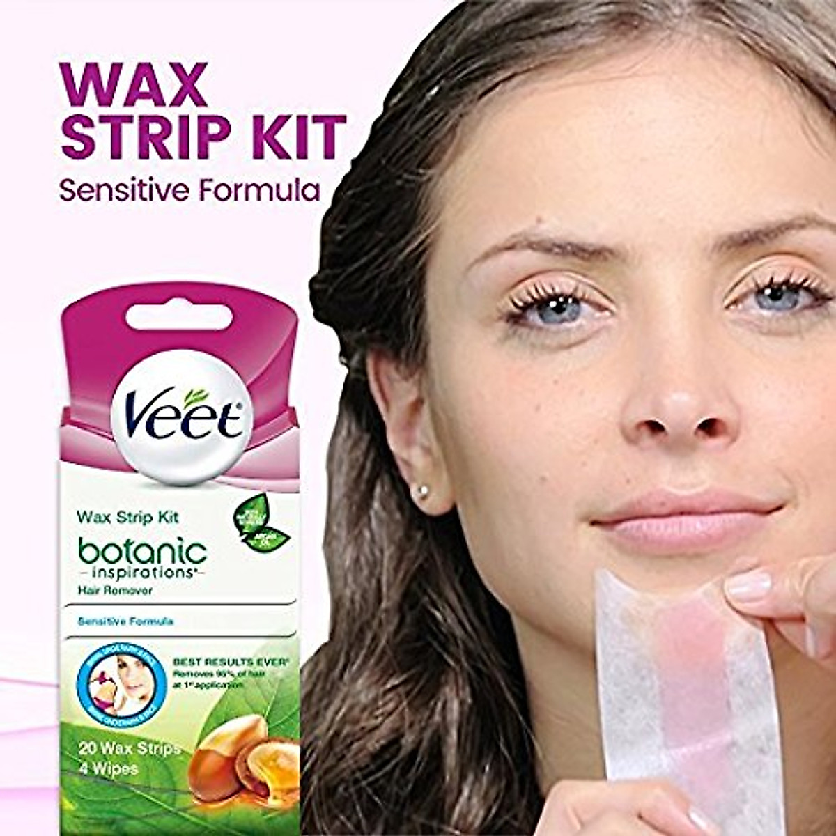 Veet Ready-To-Use Wax Strip Hair Remover Kit for Bikini Underarm and Face, 20 Count (Pack of 2)