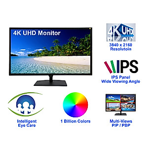 1stPV 27" 4K UHD Professional LED Monitor, 3840 x 2160 (4K@60Hz) Resolution, Quad/PIP/POP Display, HDMI 1@60Hz, HDMI 2&3@30Hz, DP@60Hz, 1.073G Color, Super Slim Design, for Security and Gaming