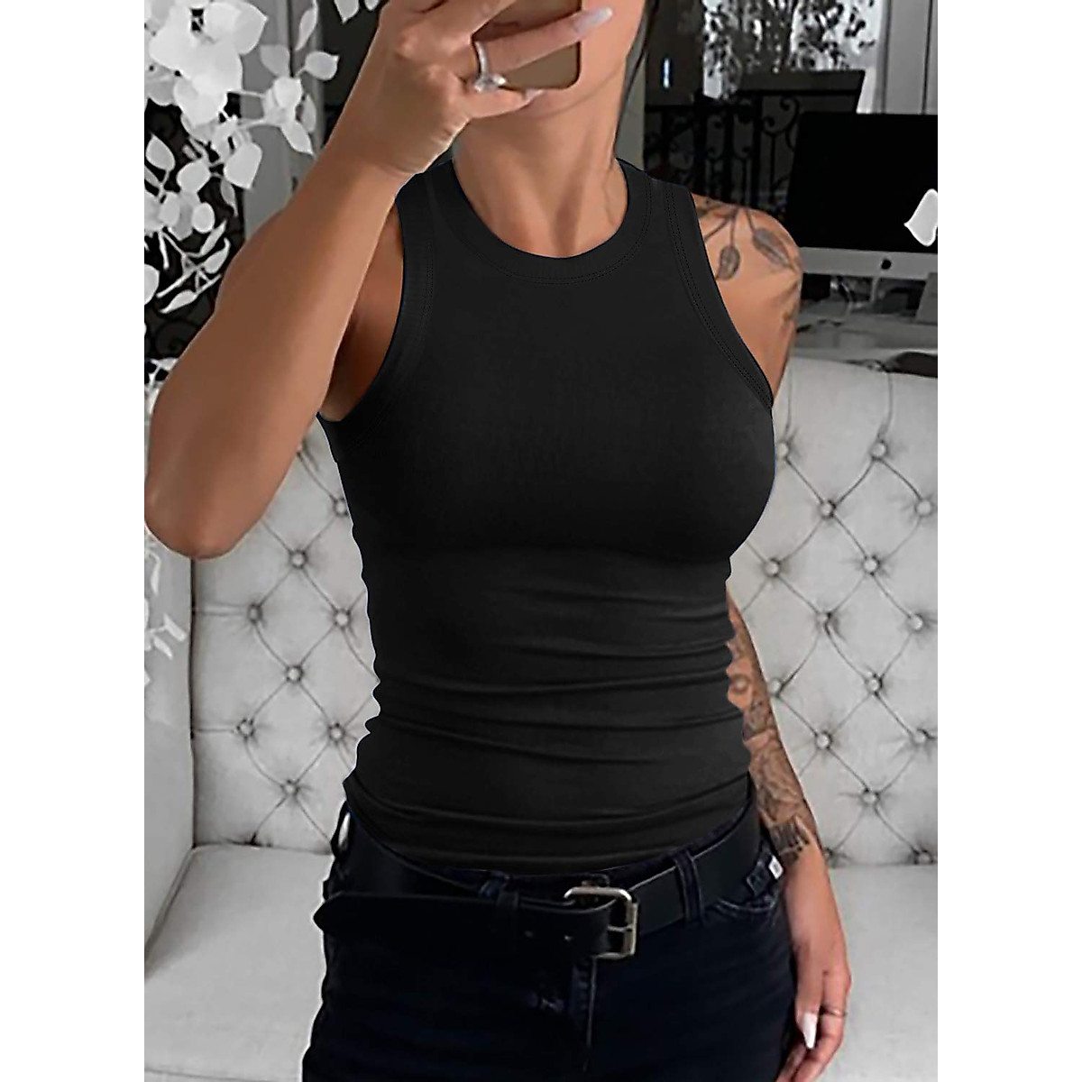 SANDERY Summer Sleeveless Tank Tops Cami Basic Top for Women Shirt Ribbed Racerback Blouses Black M