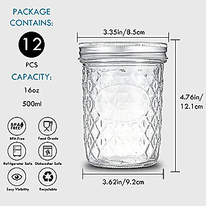 YEBODA 16 oz Mason Jars Wide Mouth Canning Jars 12 Pack Glass Jars with Silver Metal Airtight Lids and Bands for Jam, Honey, Wedding Favors, Shower Favors, Yogurt, Sauces, Overnight Oats
