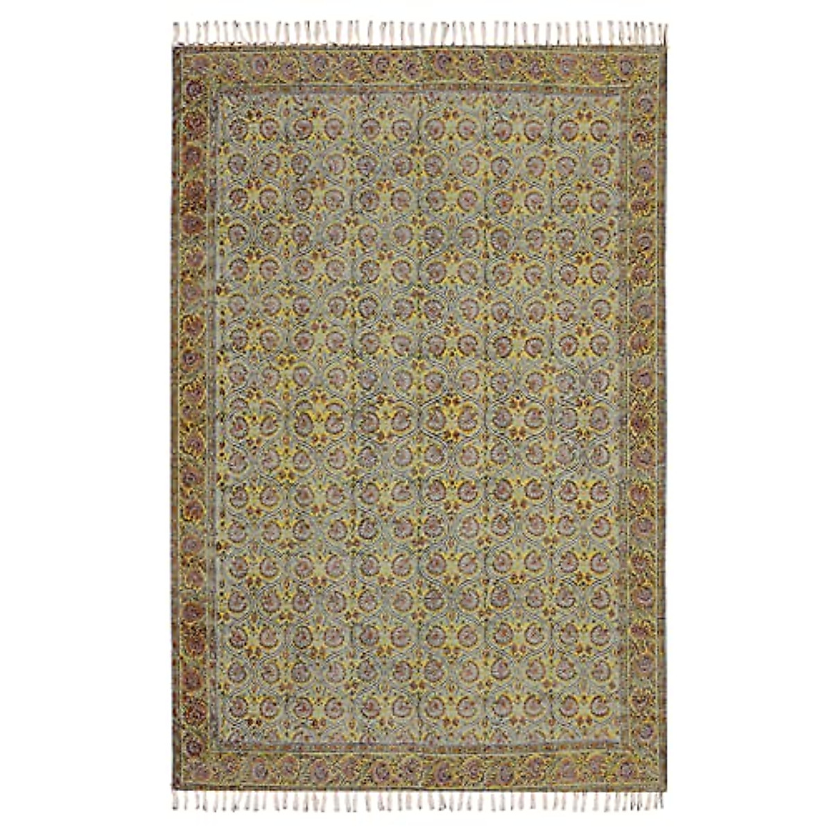 Casavani Hand Block Printed Cotton Dhurrie Floral Tassel Rug Boho Area Rug Easy Care Washable Rugs for Doormat Entryway Living Room Bedroom Hallway Balcony 12x12 Feet Square