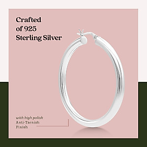 KEZEF Sterling Silver Hoop Earrings for Women, Girls and Men | 4mm High Polished Lightweight Silver Hoops | 45mm Diameter | Chunky Hoop Earrings