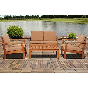 Kevin Amazonia Murano 4-Piece Patio Seating Se SC KINGS4DEEP_KH | Eucalyptus Wood | Ideal for Outdoors and Poolside, 118Lx42Wx36H, Khaki