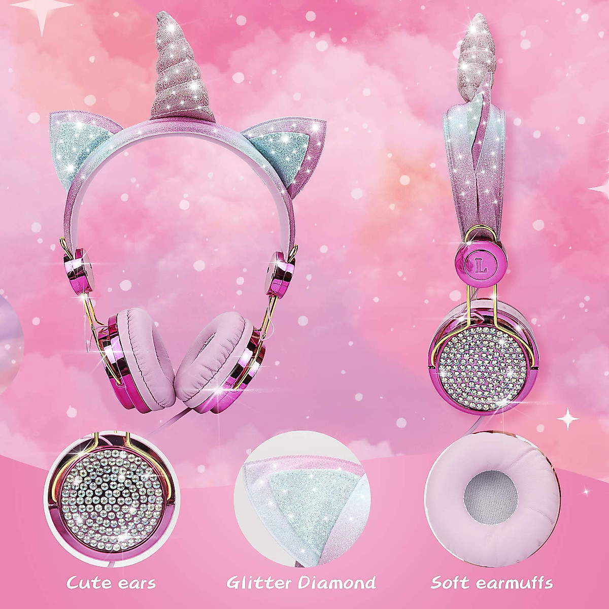 Kids Headphones, Snow Abonci Unicorn Wired Headset with Microphone Adjustable Headband, 3.5mm Jack and HD Sound Over Ear Headphones for School, Birthday, Party, Xmas, Unicorn Gifts