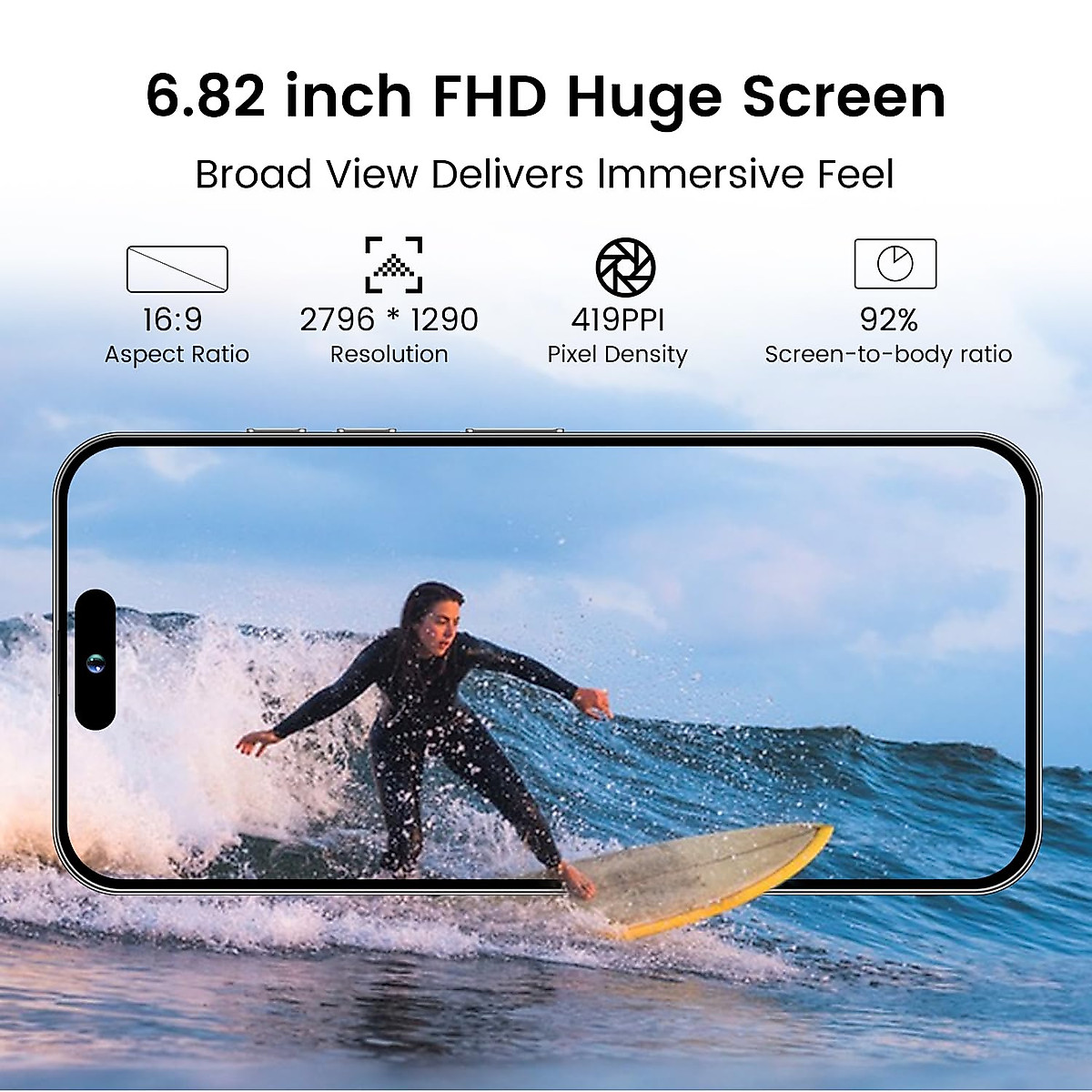 SANSHREUNI A14 Pro Max Unlocked Smartphone, 6+256GB Android 13 Unlocked Mobile Phone, 6.82" FHD+ Display 64MP Camera 5G Cell Phones 6000mAh Battery/Dual SIM/GPS/Face ID Smart Phone, White