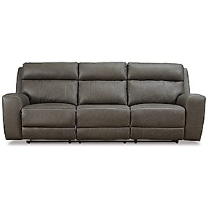 Signature Design by Ashley Roman Contemporary Tufted Leather Power Reclining Sofa with Adjustable Headrest, Gray