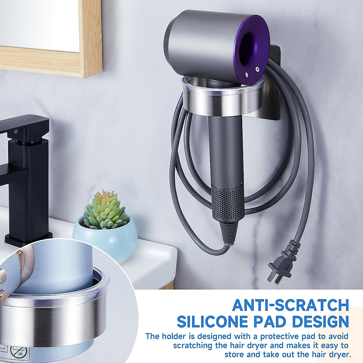 XILIMEN Hair Dryer Holder Wall Mounted, Bathroom Blow Dryer Holder, Stainless Steel Hair Blow Dryer Rack Organizer, Adhesive Hairdryer Holder for Bathroom Barber Shops, Hair Dryer Storage