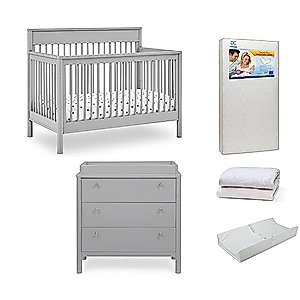 Delta Children Remy Crib 6-Piece Baby Nursery Furniture Set–Includes: Convertible Crib, Dresser, Changing Top, Crib Mattress, Sheets, & Changing Pad, Grey