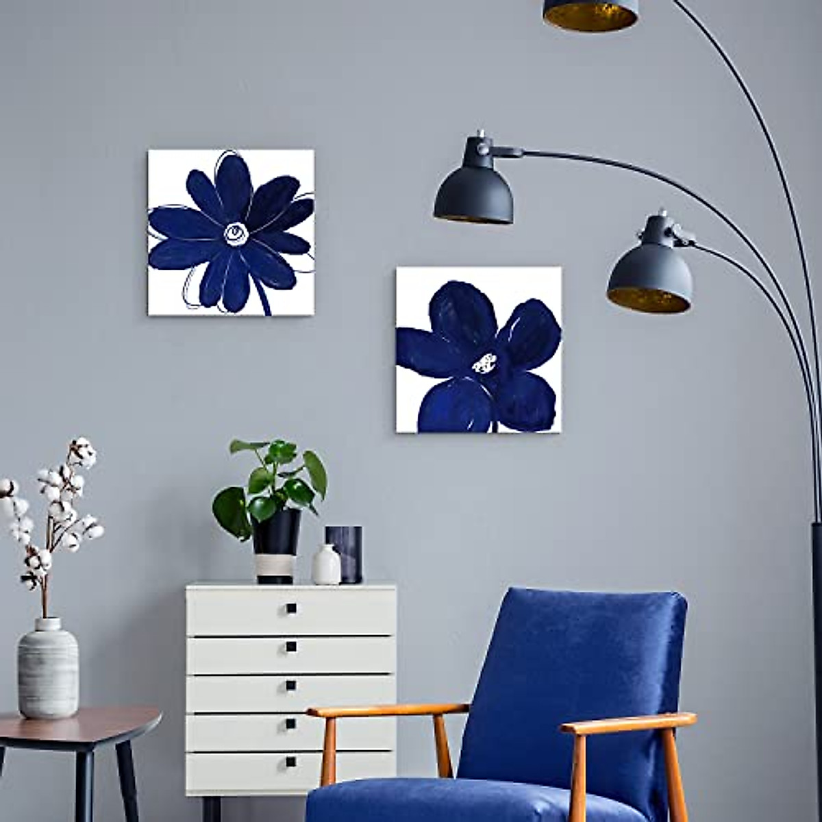 Creoate Navy Blue Wall Art for Bathroom Decor, 2 Pieces Abstract Flower Painting Canvas Print Artwork Framed Set Blue and white Wall Decor for Bedroom…
