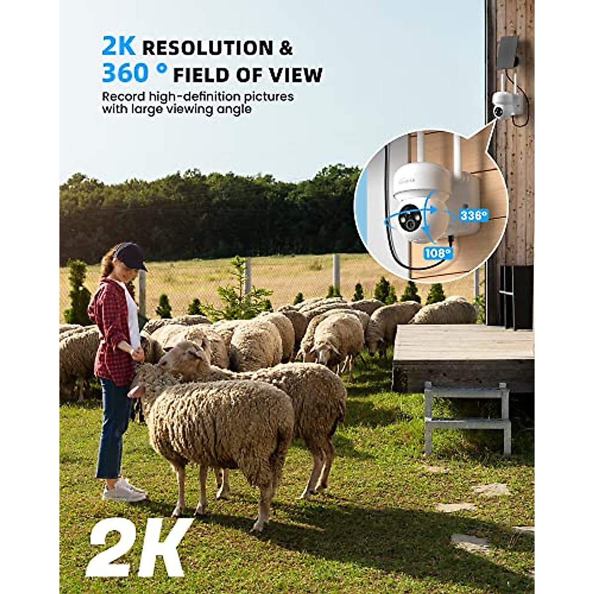 HOOISE Solar Security Cameras Wireless Outdoor,2K Battery Powered WiFi Outdoor Camera for Home Security with Color Night Vision, PIR Motion Detection,2-Way Talk, IP65 Waterproof,Siren Alarm