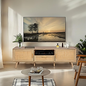 Finnhomy 59 Inch Boho TV Stand for up to 70 inch TV, TV Console with 2 Hand Made Rattan Decorated Doors, Living Room Entertainment Center TV Table with Storage, Natural