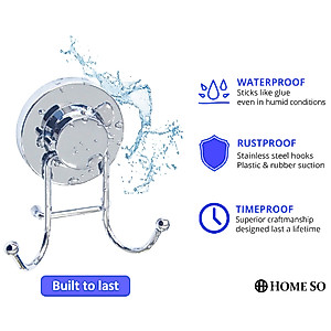 HOME SO Suction Cup Hooks for Shower, Bathroom, Kitchen, Glass Door, Mirror, Tile – Loofah, Towel, Coat, Bath Robe Hook Holder for Hanging up to 15 lbs – Rustproof Chrome Stainless Steel (2-Pack)