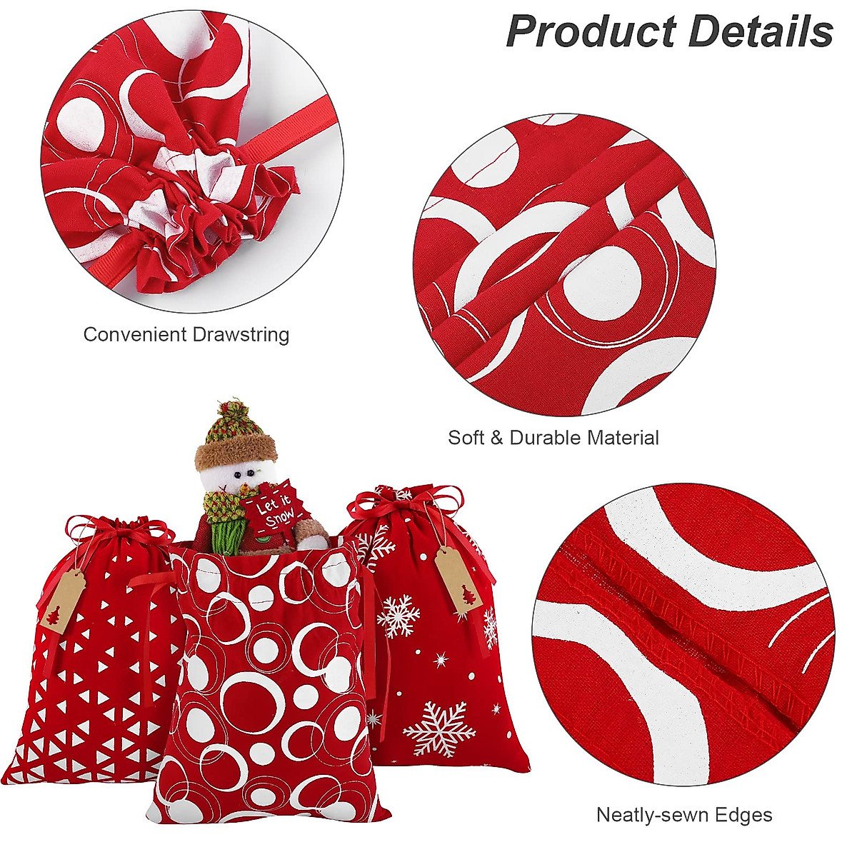 MIMIND 12 Pieces Christmas Drawstring Gift Bags Red and White Cotton Fabric Christmas Gift Bags with Drawstring 12 x 10 Inch Christmas Party Favor Bags for Christmas Party Supplies, 6 Designs