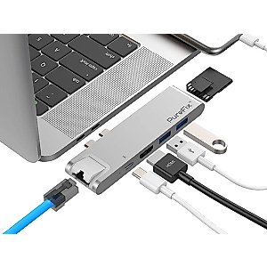 Purefix USB C Hub, 7-in-1 Dual Type-C Adapter - Silver for MacBook Pro 13 15 Gigabit Ethernet, Power Delivery, Thunderbolt 3, 4K HDMI, MicroSD/SD Card Reader