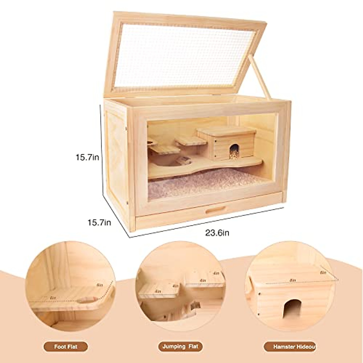 Kaiyopop Hamster Cage Large Wooden Hamster Cages and Habitats, Natural Wooden Hamster House (23.6" L X 15.7" W X 15.7”H) Acrylic Hamster Cage Small Animal Habitat for Rabbits, Guinea Pig, Chinchilla