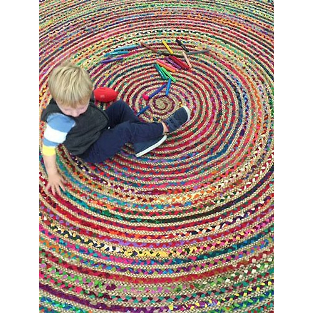 FRELISH DECOR Round Rug Area Rug, Jute & Cotton Multi Chindi Braid Rug, Hand Woven & Reversible- Handwoven from Multi-Color Vibrant Fabric Rugs Bohemian Colorful Rug (6 feet)