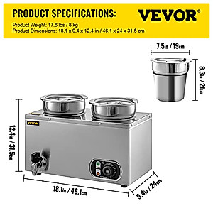 VEVOR 110V Commercial Food Warmer 8.4 Qt Capacity, 500W Electric Soup Warmer Adjustable Temp.86-185℉, Stainless Steel Countertop Soup Pot with Tap, Bain Marie Food Warmer for Cheese/Hot Dog/Rice