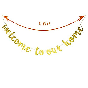 Starsgarden Glitter Gold Welcome to Our Home Banner for Housewarming Patriotic Military Decoration Family Party Supplies Cursive Bunting Photo Booth Props Sign(Gold Welcome Home)