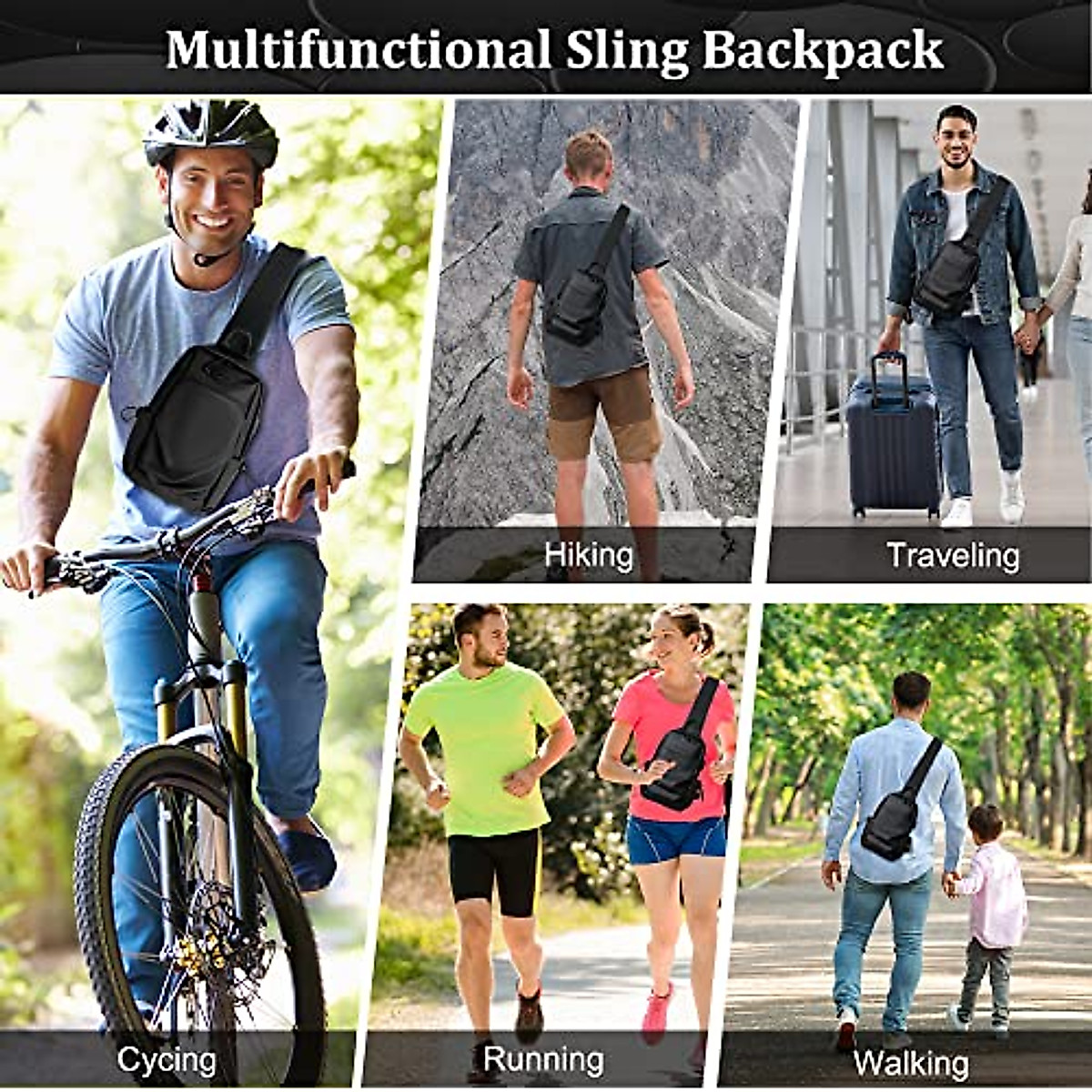 redaica Sling Bag for Women Men Crossbody Bag Sling Backpack with USB Charging Port, Chest Bag Waterproof Shoulder Bag Travel Daypack