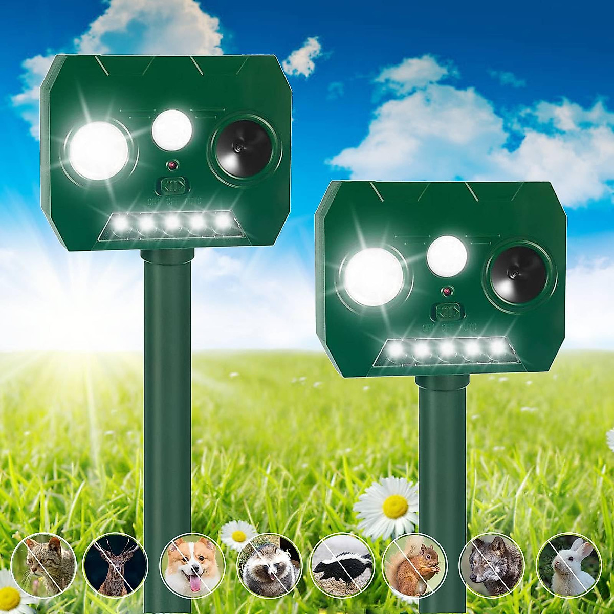 2 Pack Ultrasonic Animal Repellent Outdoor Solar Cat Deterrent with PIR Motion Sensor Flash Light for Squirrel Cat Deer Skunk Rabbit Coyote Dog, Deer Repellent Devices Skunk Repellent for Yard