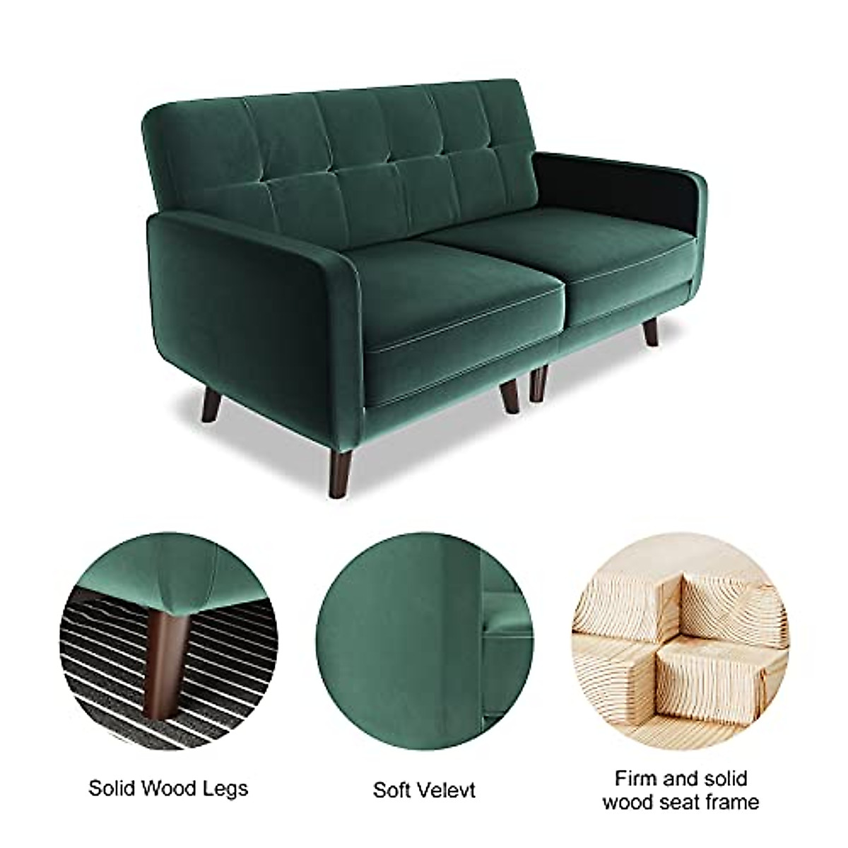 HONBAY Velvet Fabric Loveseat Sofa Tufted 2-Seats Sofa with Wood Legs Upholstered Loveseats for Small Space, Emerald Green