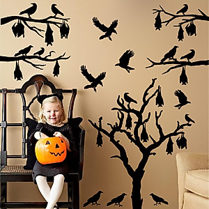 Large Halloween Window Stickers Halloween Tree Wall Decals Bats Stickers Black Bird Crow Decals Peel and Stick Vinyl Halloween Tree Branch Wall Art Sticker Halloween Wall Decor for Party Supplies Gift