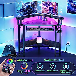 Rolanstar Corner Desk, 44.5" W x 34.5" H Small Carbon Fiber Computer Desk with Power Outlets, LED Lights and Keyboard Tray, Small Office Computer Desk with Monitor Stand for Small Space, Carbon Black