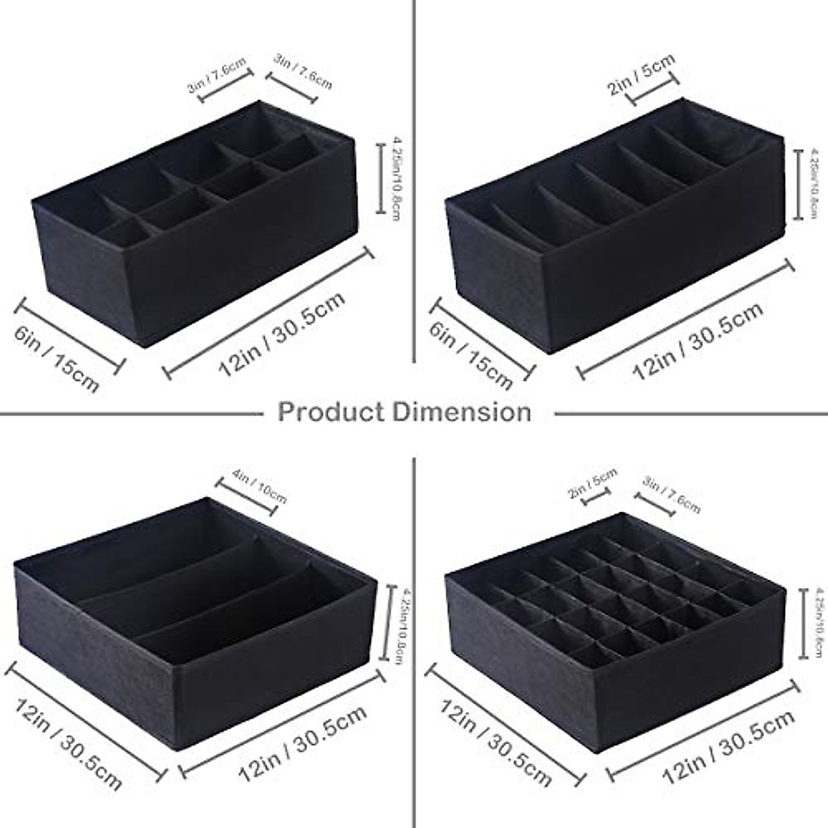 Qozary 4 Pack Foldable Drawer Organizers, Sock and Underwear Drawer Organizer Clothes, Desk Closet Fabric Organizer and Storage Drawer Dividers for Dresser Panties Underwear Bra Socks (Black)