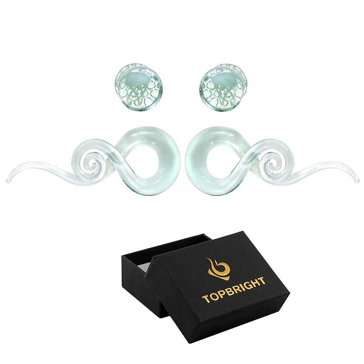 TOPBRIGHT 0G 00G 1/2 inch Spiral Glass Tapers with Jellyfish Ear Expander Plugs Glass Ear Piercing Gauges
