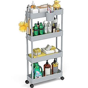 LEHOM 5.1" Slim Storage Cart - 4 Tiers Bathroom Organizer Mobile Shelving Unit Storage Rolling Utility Cart Slide Out Organizer for Kitchen Bathroom Laundry Narrow Places, Grey