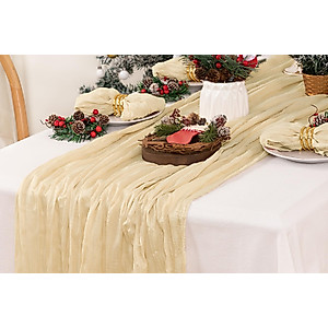 DeZerlor Christmas Table Runner Champagne Cheesecloth Table Runner Boho Gauze Table Runner 120 inches Long Winter Table Decor for Wedding Baby Shower Xmas Party Decorations