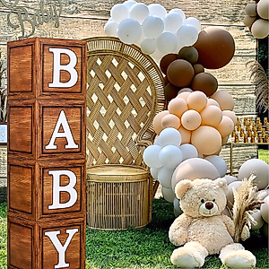 Baby Shower Decorations Baby Boxes with Letters, 4pcs Wood Baby Shower Brown Blocks with Printed BABY Letter, Gender Reveal Decorations, Woodland Baby Shower Girl Boy,Teddy Bear Theme Party
