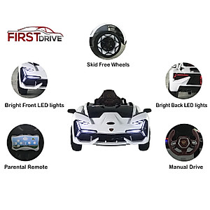 First Drive Lambo Concept 12v Car for Kids to Drive for Boys/Girls - Dual Motor Electric Power Ride on Car with Remote, MP3, Aux Cord, Led Headlights, and Premium Wheel (White)
