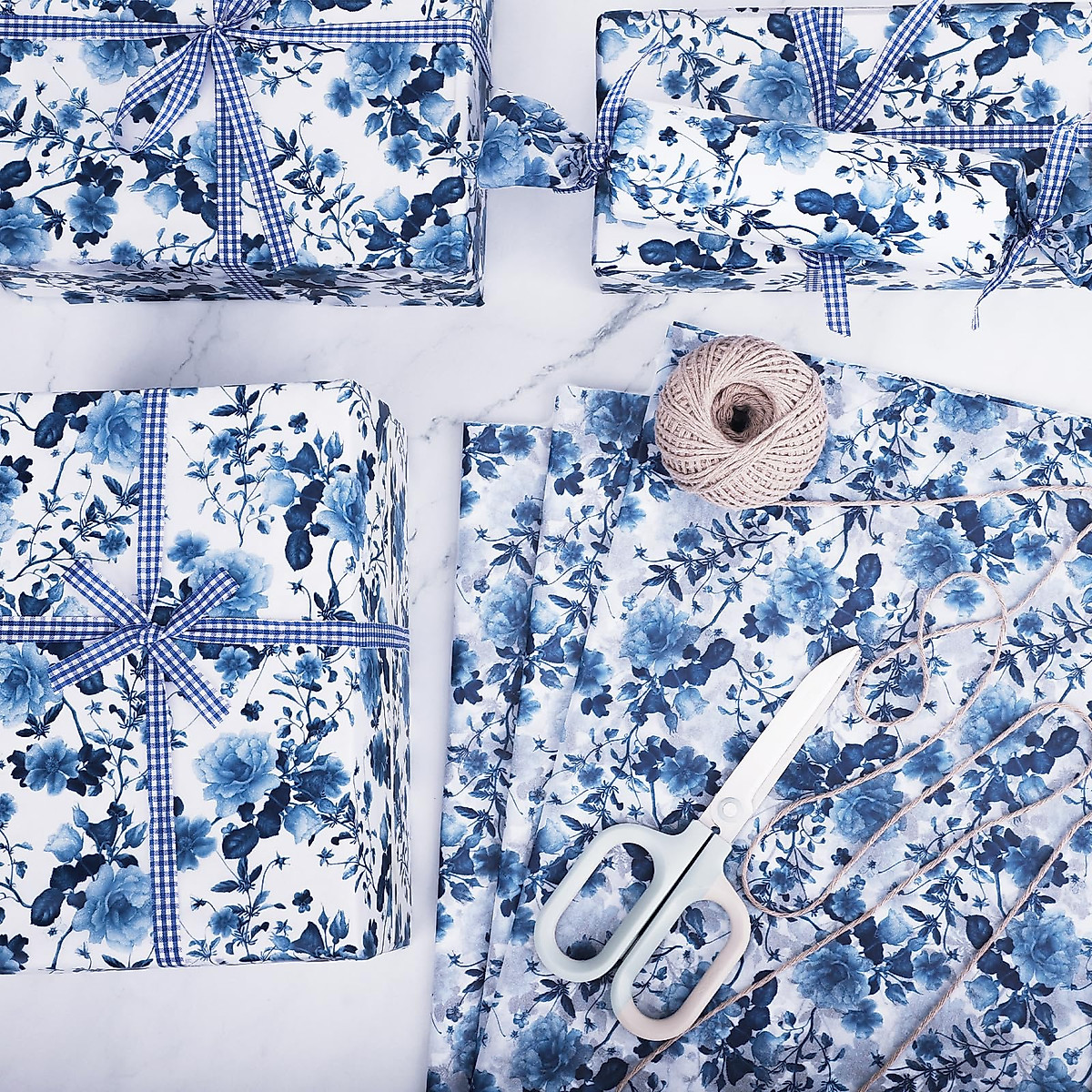 100 Sheets Blue White Floral Tissue Paper, Chinoiserie Style Gift Wrapping Paper Peony Printed DIY Art Craft Paper for Wedding Birthday Bridal Shower Party Favors, 20 x 14 Inch