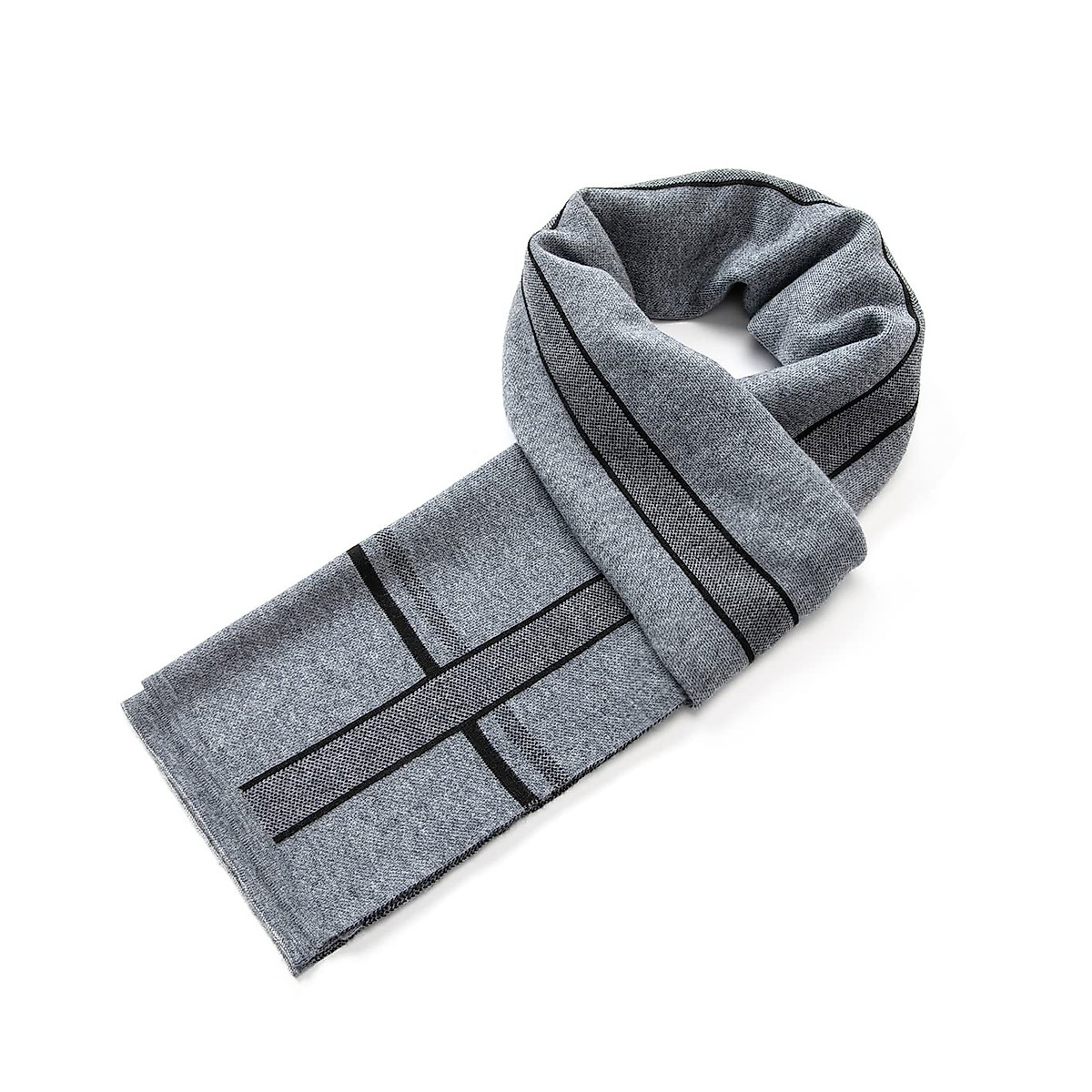Villand Luxurious Mens Striped Merino Wool Scarf - Gift Box Wrapped Winter Soft Warm Thick Knitted Neckwear for Men (Cadet Gray)