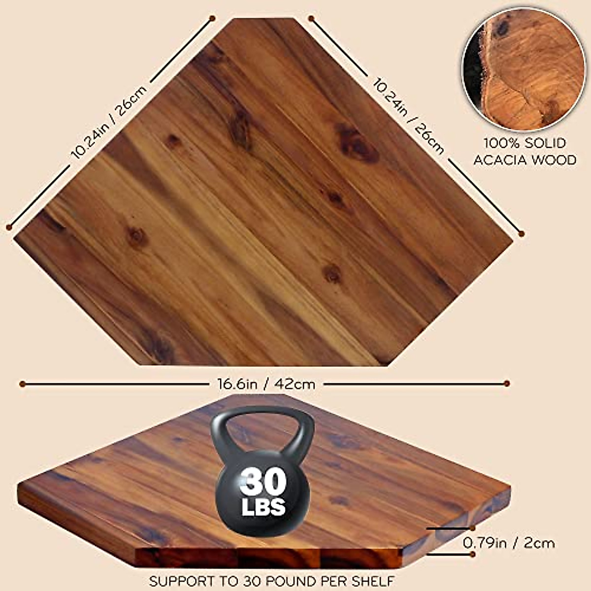 Demigo Corner Shelf Wall Mount, Set of 2 Solid Acacia Wood Floating Corner Shelf, Smooth - Durable - Attractive Corner Shelves for Bedroom Living Room Bathroom Kitchen