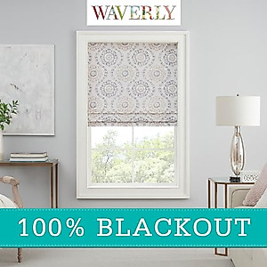 Waverly Adonis Medallion 100% Blackout Roman Shade, Cordless and Noise Reducing Window Shade for Privacy, Thermal Window Treatments for Energy Saving Benefits, 27 in Wide x 64 in Long, Natural
