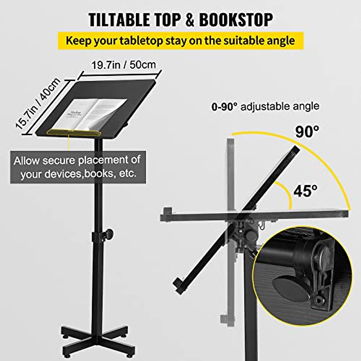VEVOR Lectern Podium Stand, Height Adjustable Laptop Table, Portable Presentation Standing for Classroom, Office, Church, Tilting Desktop with Edge Stopper, Black