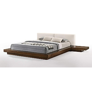 Limari Home Albina Collection Modern Style Bedroom Walnut Veneer Finished Leatherette Upholstered Platform Low Profile Bed, Eastern King, Brown, White