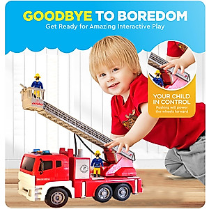 FUNERICA Fire Truck with Water Hose Pump, Flashing Lights, Siren Sounds, Extending Ladder, 5 Fireman, Firefighter Figures, Powered Firetruck Engine, Best Toy Gift for Toddlers, Kids, Boys, and Girls