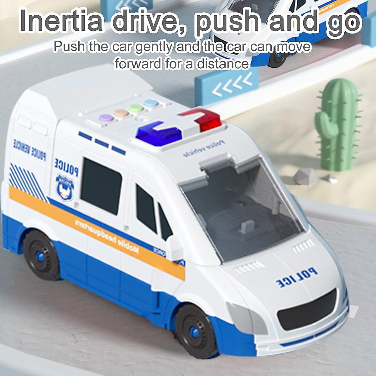 BBnote Ambulance Toy for Kids, Police Car Toy in 2 Modes - Car Mode or Track Mode, Car Garage Toys with 4 Die Cast Mini Cars