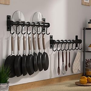 Dseap Pot Rack - Pots and Pans Hanging Rack Rail with 8 Hooks, Pot Hangers for Kitchen, Wall Mounted, Black