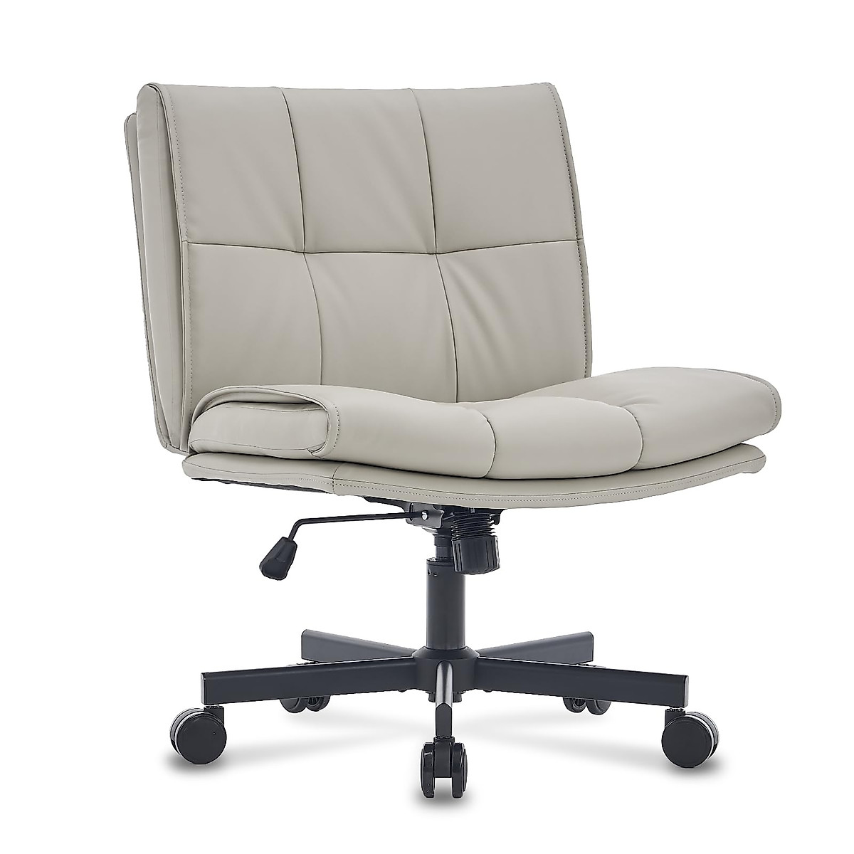 TOPDRGN Criss Cross Legged Office Desk Chair, Wide Seat Armless Swivel Chair with Wheels Modern PU Leather Task Chair Height Adjustable Rolling Chair Computer Vanity Chair for Home, Make Up (Gray)