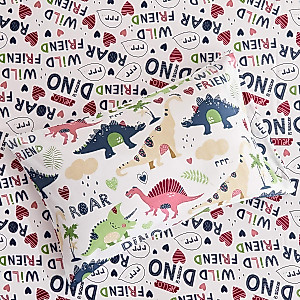 Dinosaur Twin Sheet Set for Kids Boys Teens Cute 3 Pieces White Microfiber Bedding Set with Green Red Yellow Blue Dinosaur Colorful Monster Style