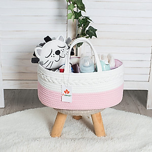 Large Baby Diaper Caddy Organizer Woven Cotton Rope Basket Rainbow Nursery Storage Bin Portable for Changing Table/Car Travel Bag Tote Newborn Registry Must Have Baby Shower Basket for Boy Girl