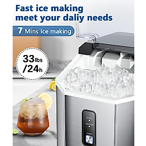 Joy Pebble Nugget Stainless Steel Ice Maker, 10,000pcs/33lbs/Day, Portable Handheld Nugget Ice Maker Machine with Handle, Ice Makers Countertop Self-Cleaning, Ice Scoop and Basket, Silver
