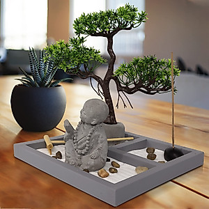 Gray Mini Japanese Zen Sand Garden Set with Incense Holder, Calming Bonsai and Miniature Buddha Statue - Zen Decor for Relaxation and Meditation - Home Decor, Office Accessory, Gift Set