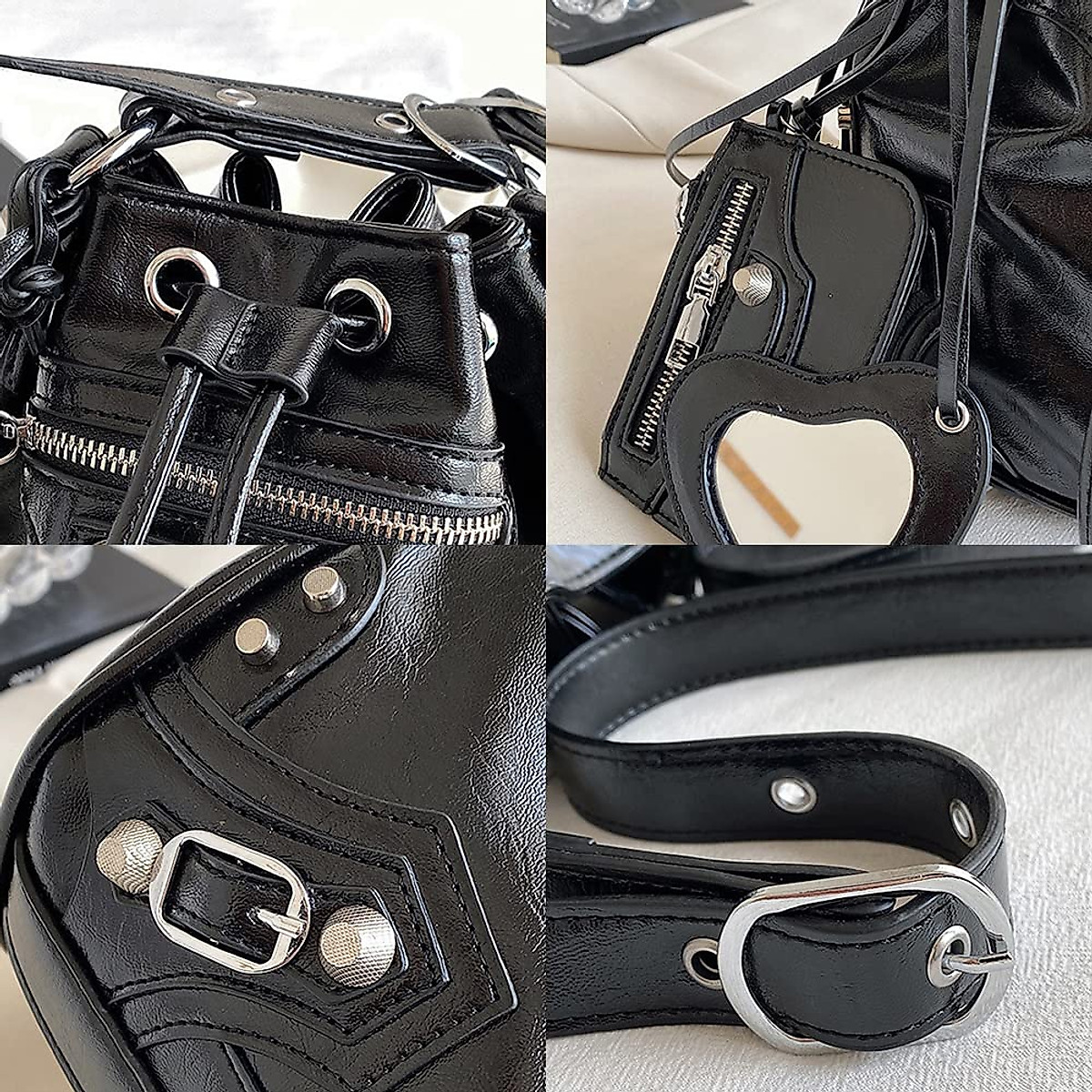 Large Capacity Bucket Bag Purses for Women, Cool Studded Punk Motocycle Crossbody Bag,PU Leather Drawstring Shoulder City Bag (Purple)