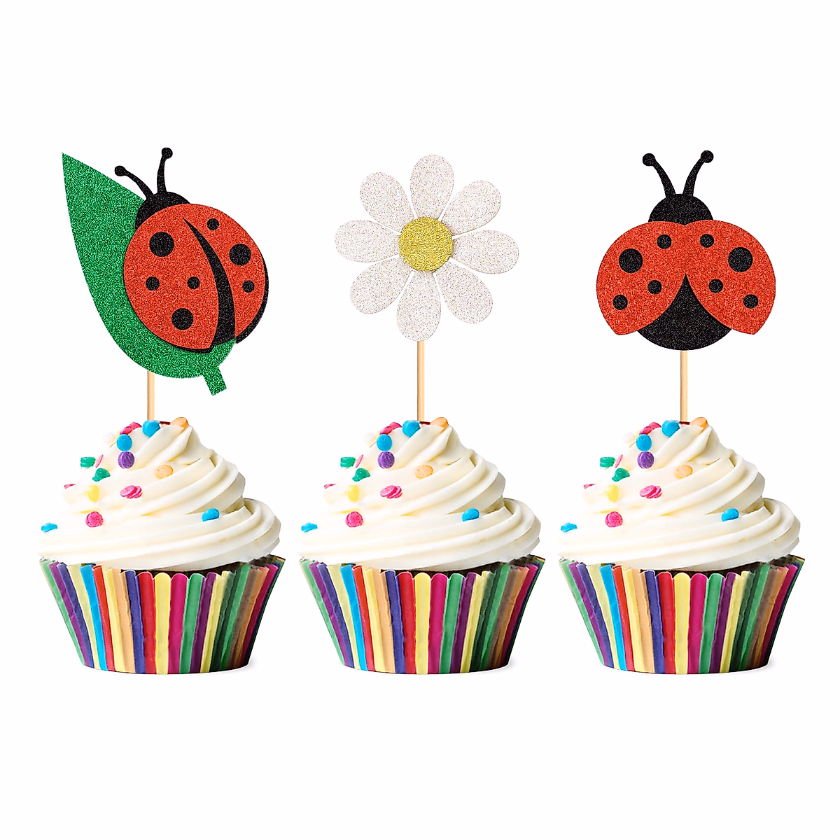 Cyodoos 24Pcs Ladybug Cupcake Toppers Flowers Insects Cupcake Picks Garden Theme Baby Shower Kids Birthday Party Cake Decorations Supplies